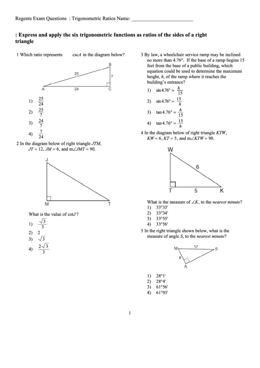 Trigonometric Ratios Worksheets With Answers Workshee