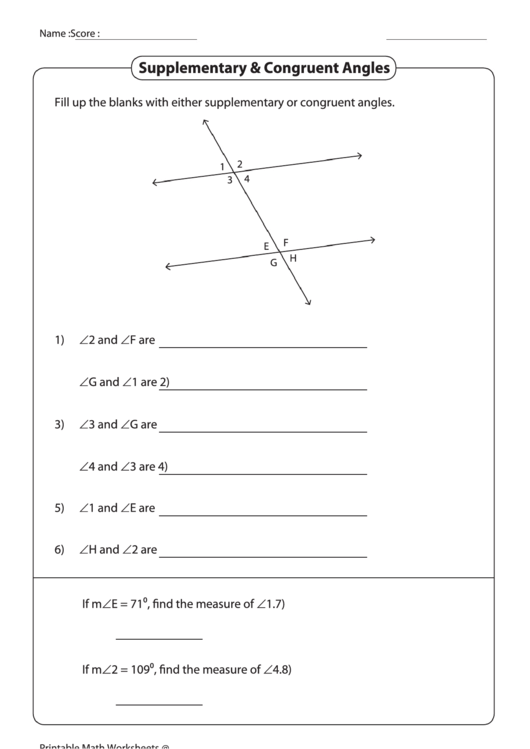 Congruent And Supplementary Angles Worksheet