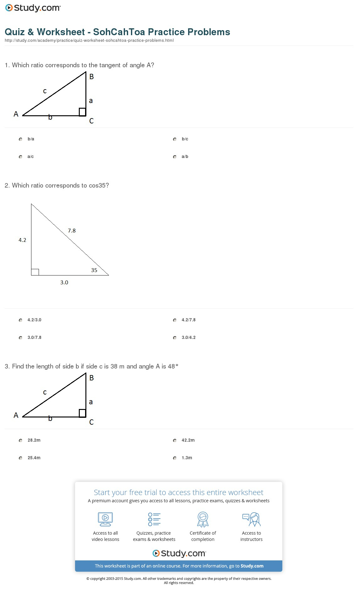 Sohcahtoa Worksheet With Answers