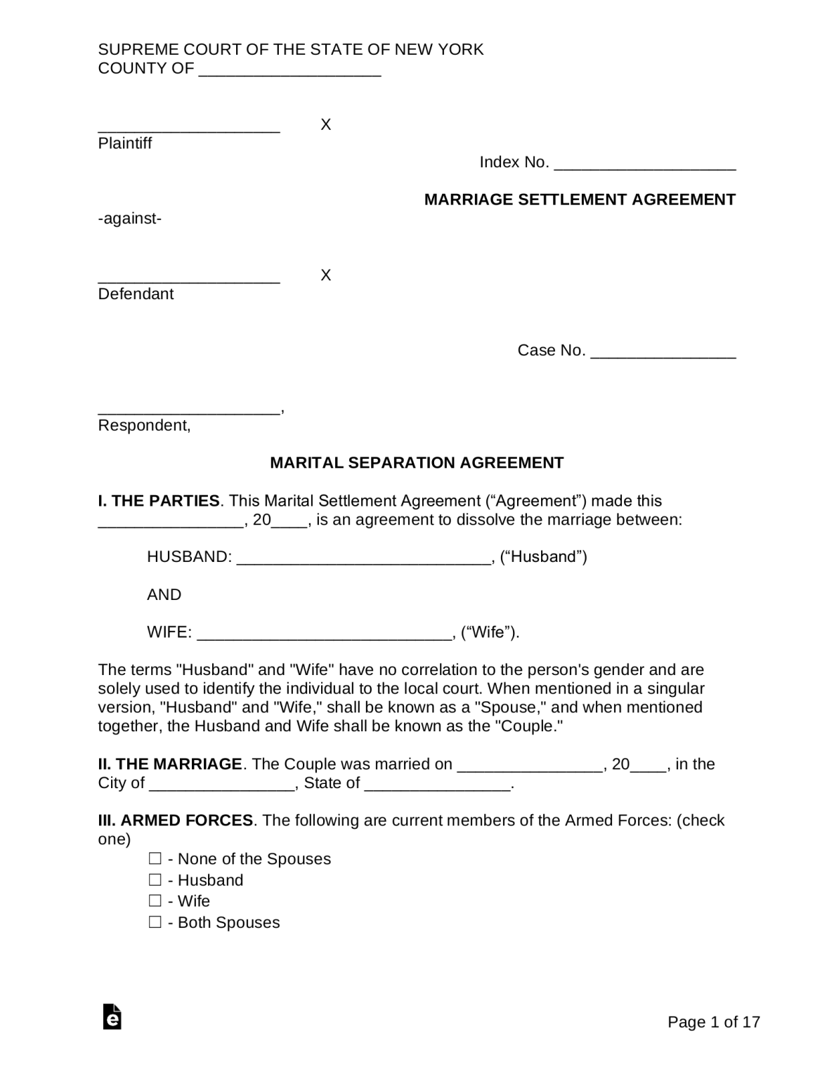 New York Separation Agreement Template Eforms