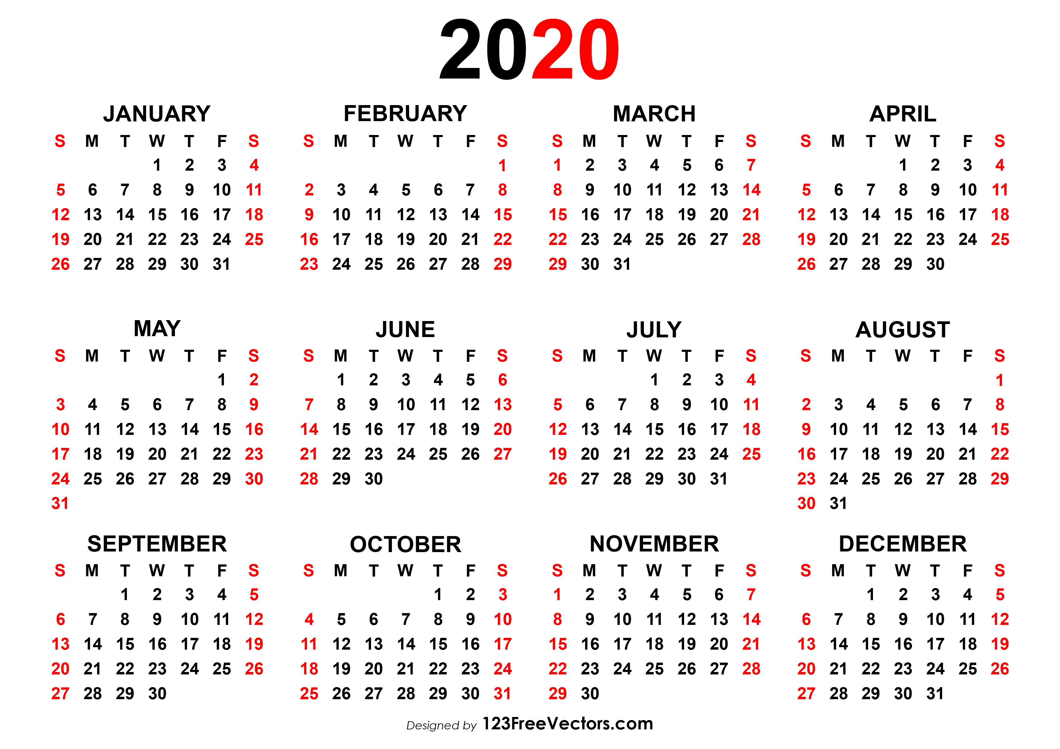 2020 Yearly Calendar Printable