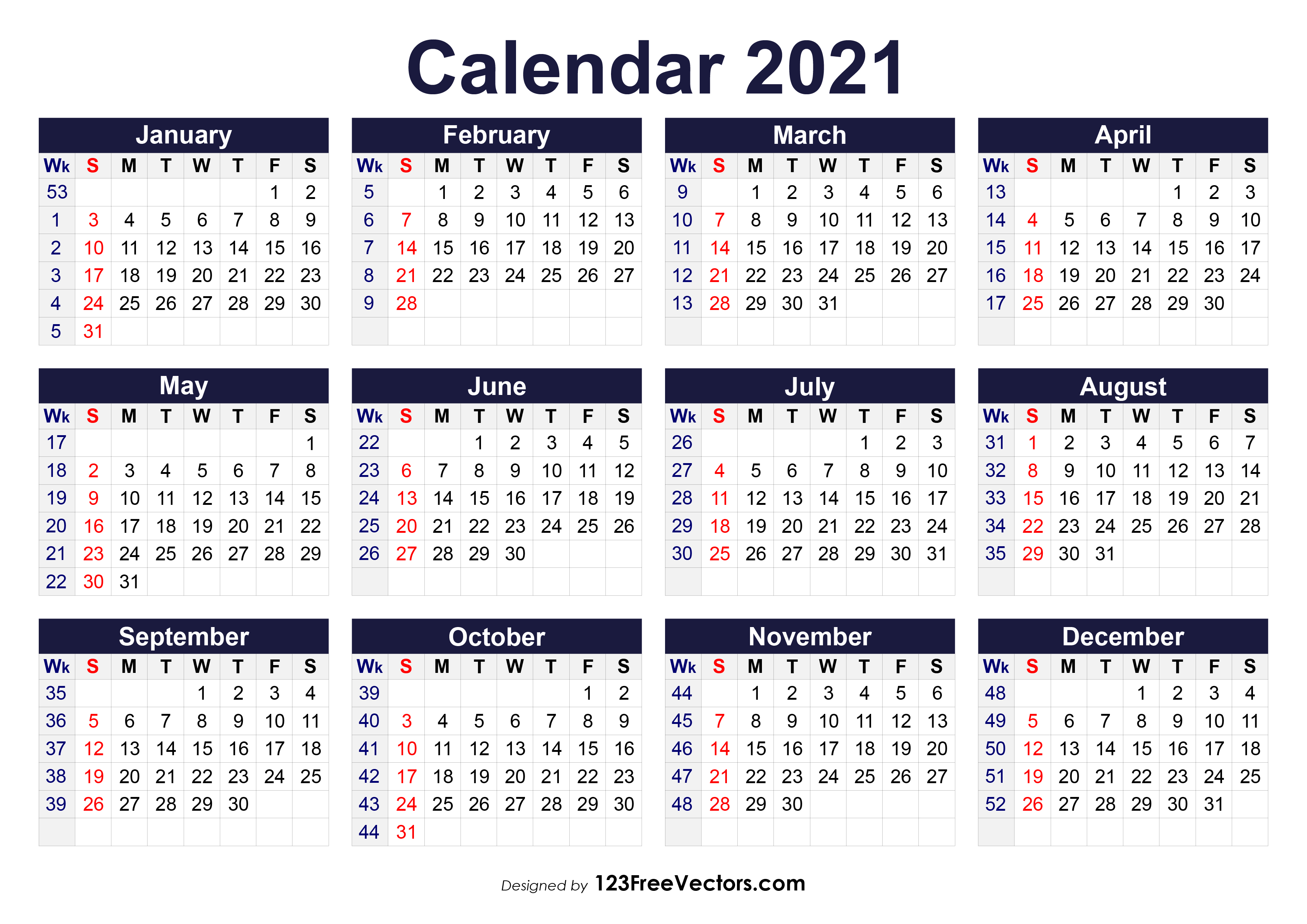 Free Printable 2021 Monthly Calendar With Week Numbers Shopmallmy