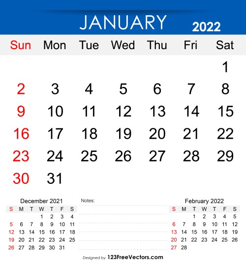 Free Free Printable January 2022 Calendar