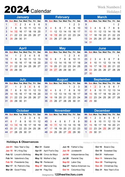 Free Printable 2024 Calendar With Week Numbers