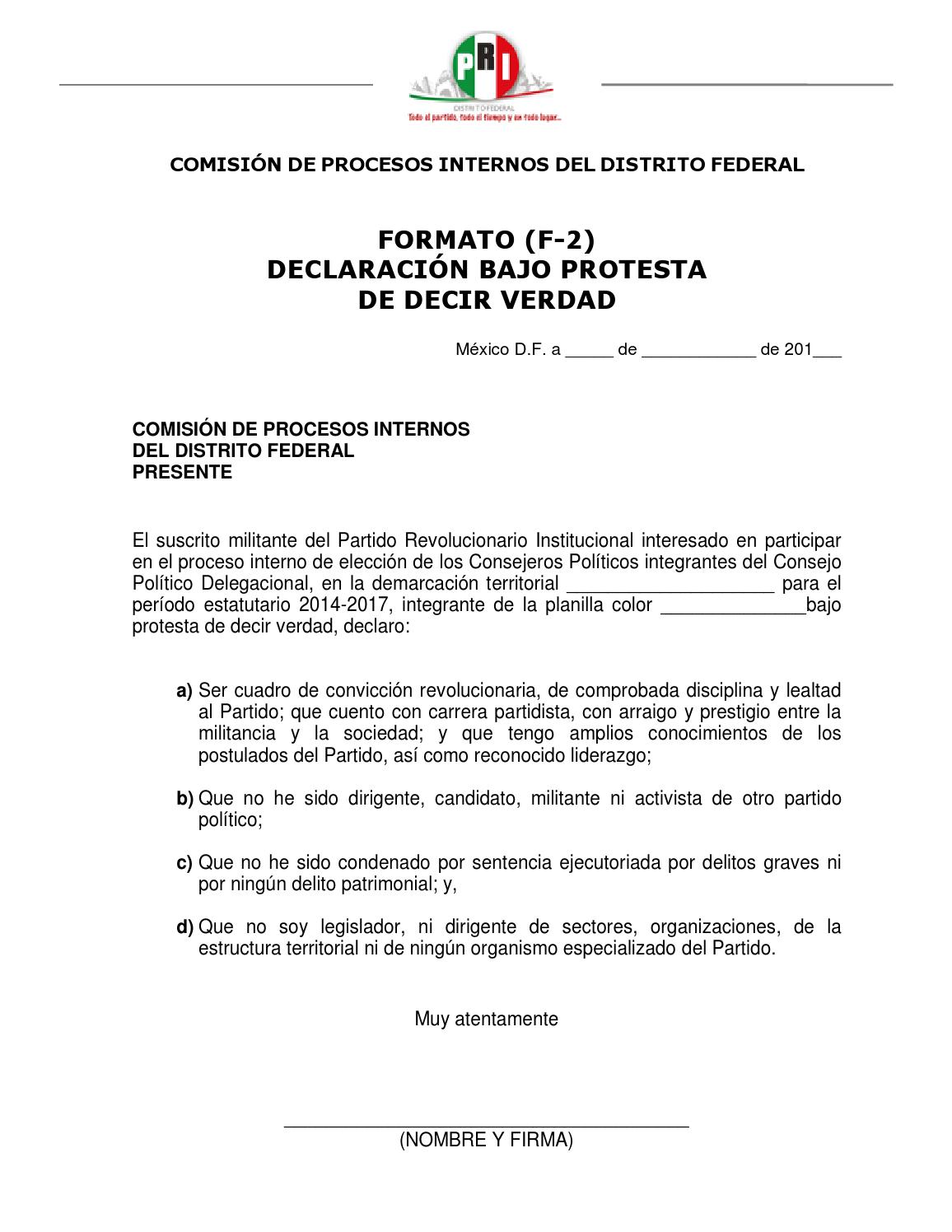 Carta De Declaracion Bajo Protesta De Decir Verdad Todo Lo Que