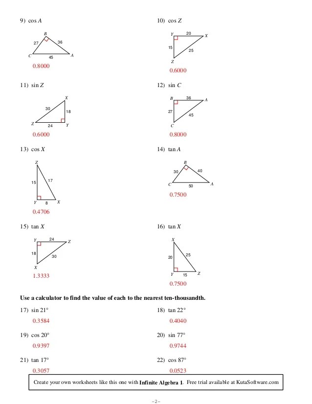 Six Trigonometric Ratios Worksheets Answers