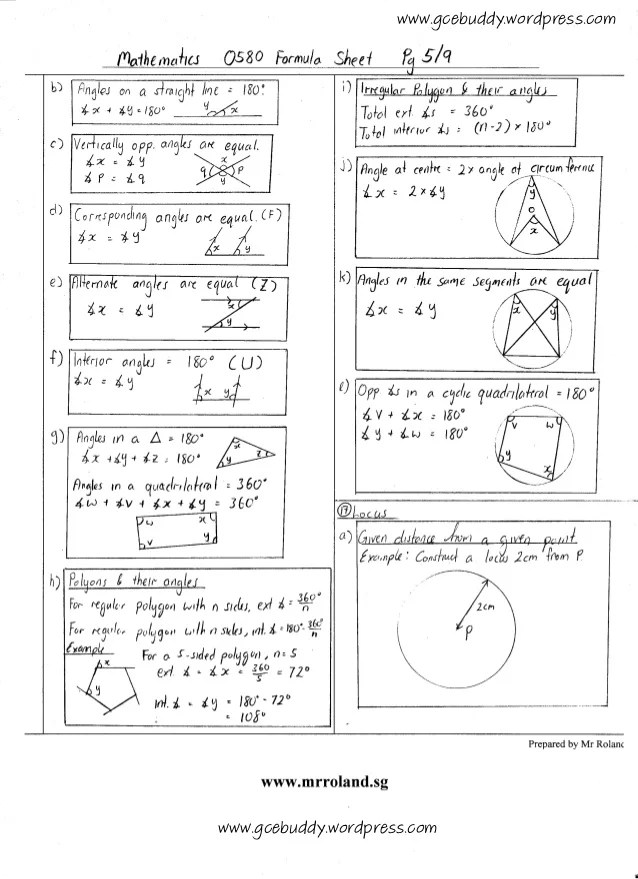 Igcse Math 0580 Formula Sheet Mathematics Info