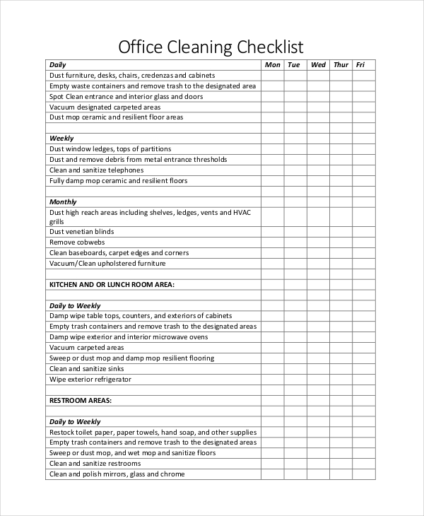 Office Cleaning Checklist Printable Printable Words Worksheets