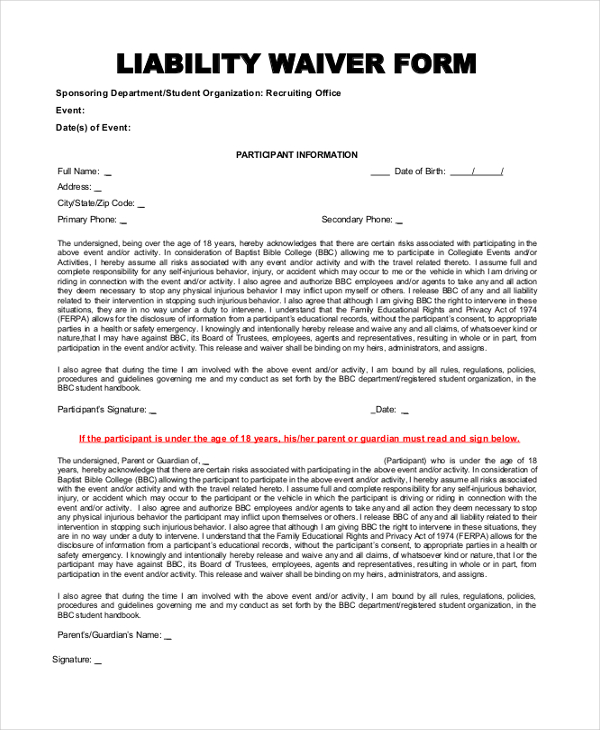 Free Printable Liability Waiver