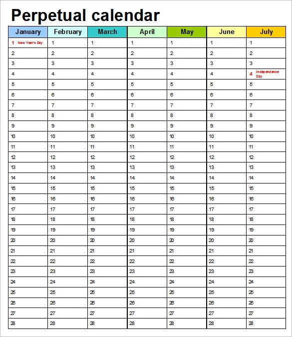 Perpetual Calendar Excel Template