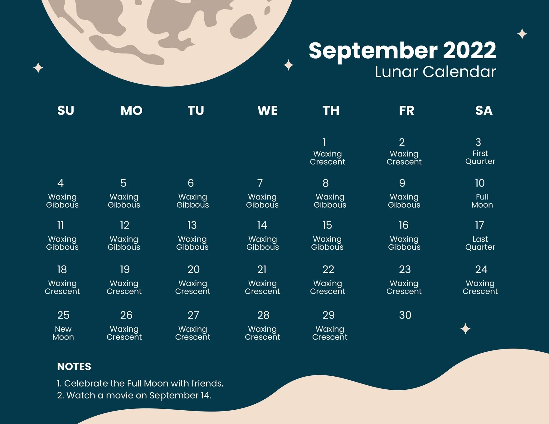 September 2022 Lunar Calendar Printable Word Searches