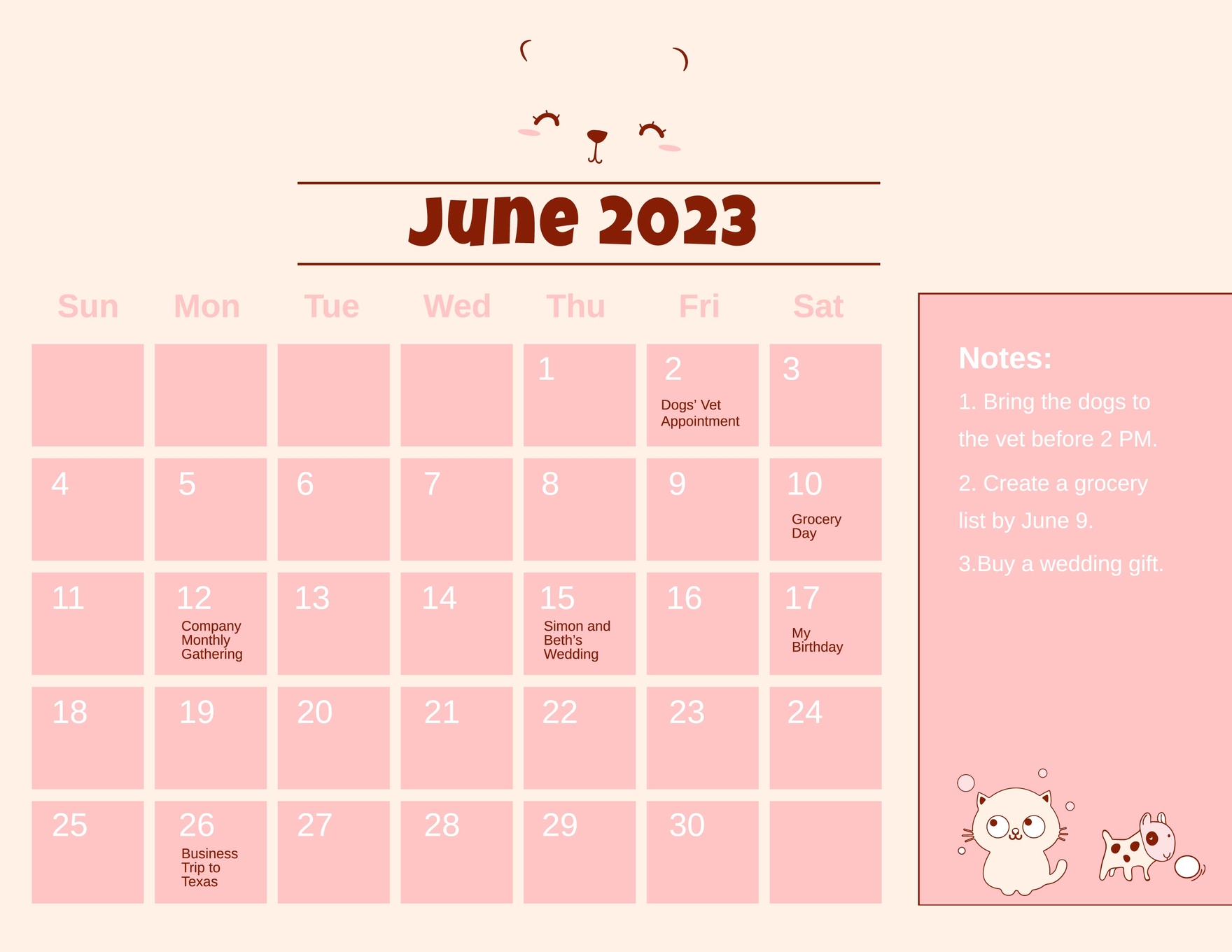 June 2023 Calendar Cute Printable