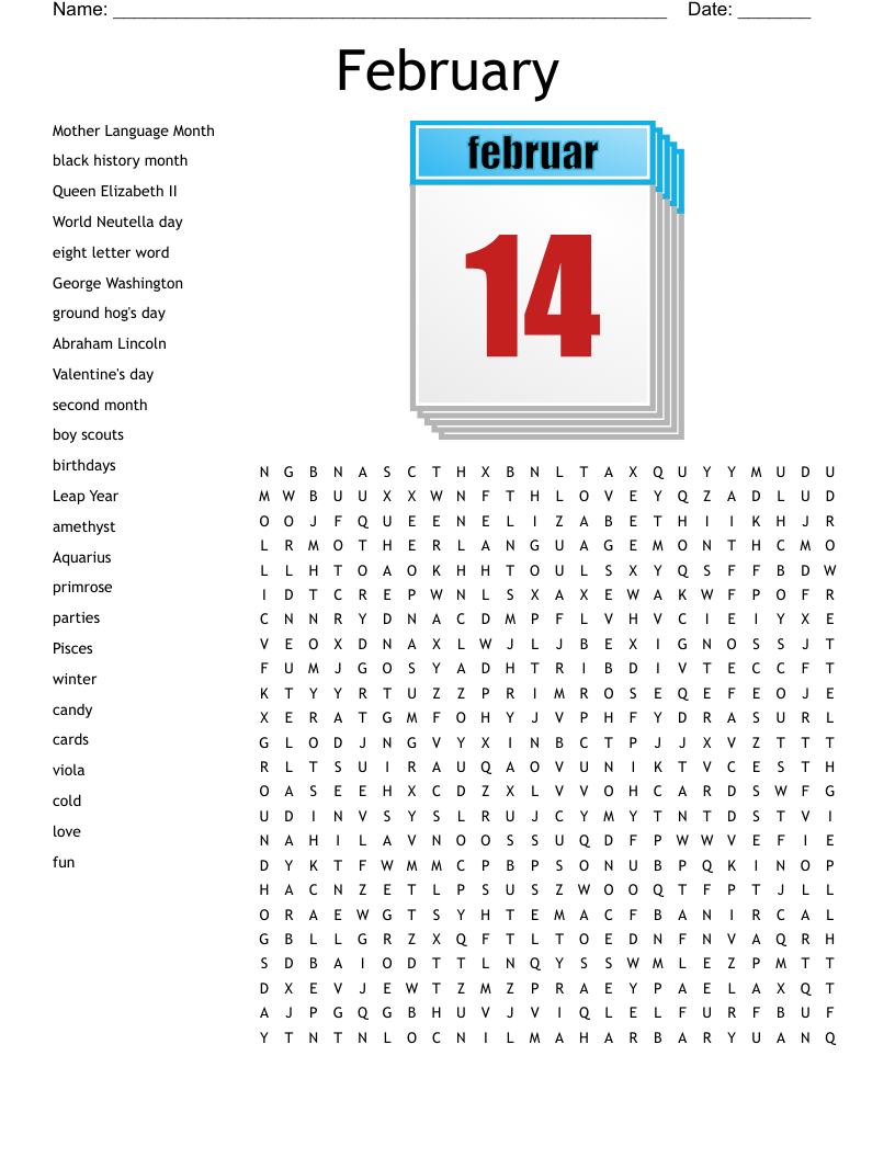 February Word Search Printable Printable Words Worksheets
