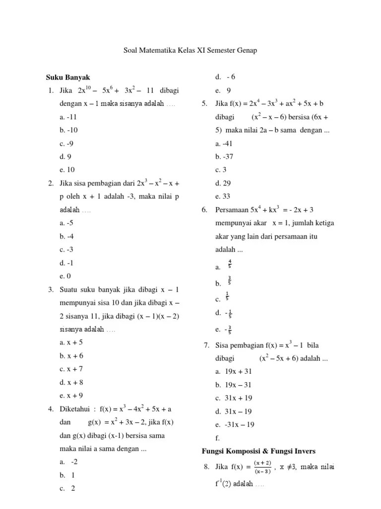 Soal Matematika Wajib Kelas 11 Semester 1 Dan Pembahasannya Satu Trik