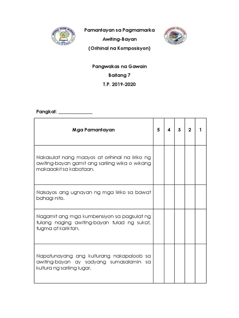 Pamantayan Sa Pagsulat Ng Awiting Bayan Vrogue