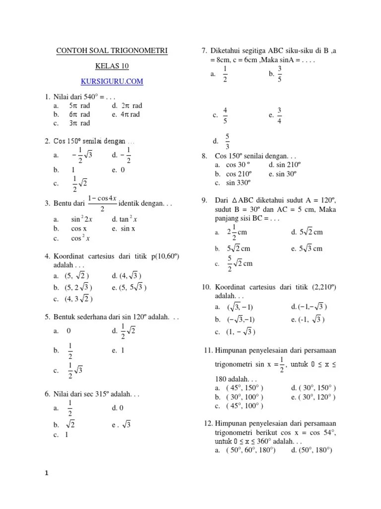 Soal Trigonometri Kelas 10 Pdf Satu Trik