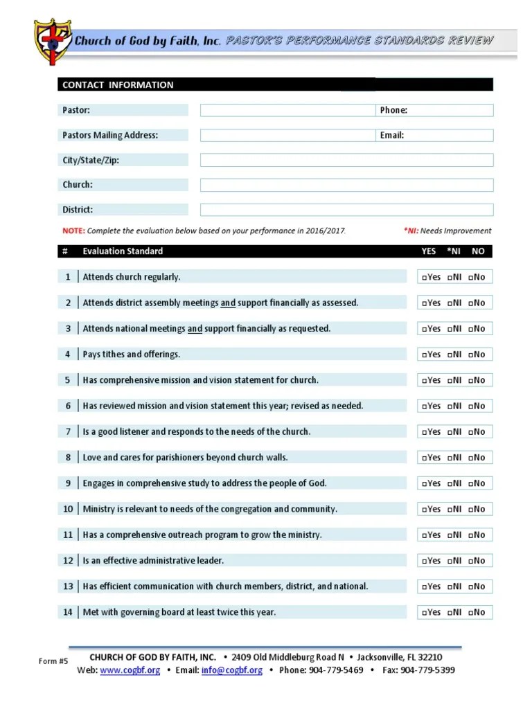 The Benefits Of Using A Pastor Evaluation Form Free Sample Example