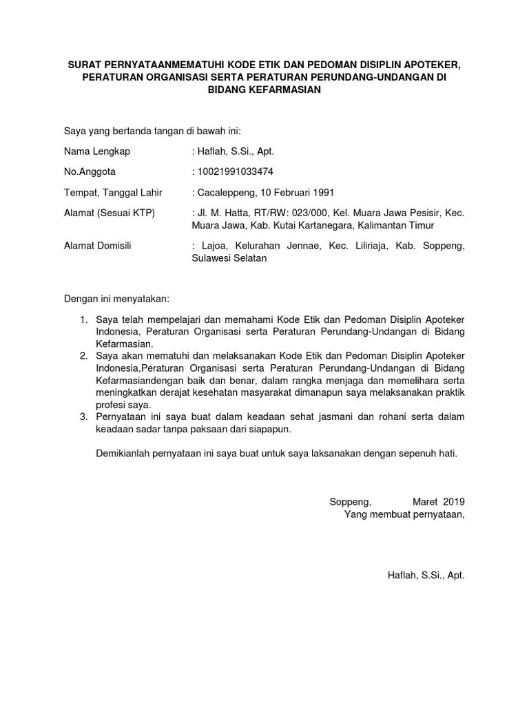 Contoh Surat Pernyataan Mematuhi Kode Etik Apoteker Contoh Terbaru