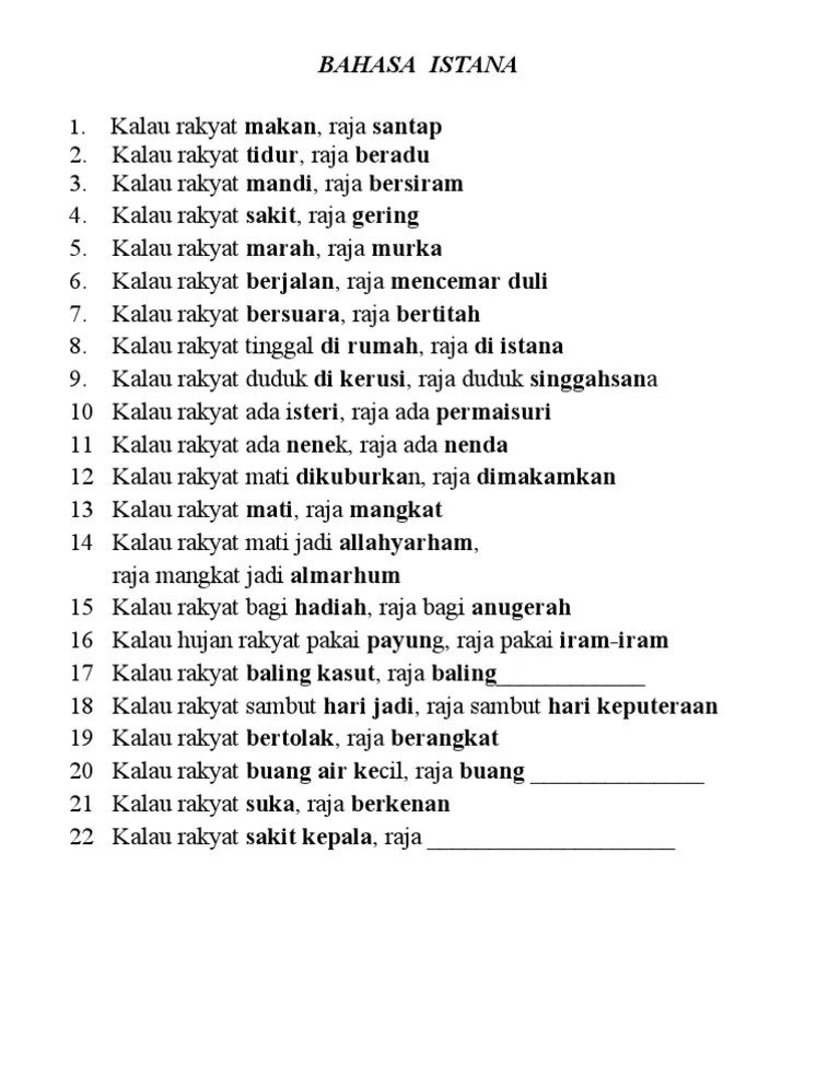 Bahasa Istana Dan Contoh Ayat