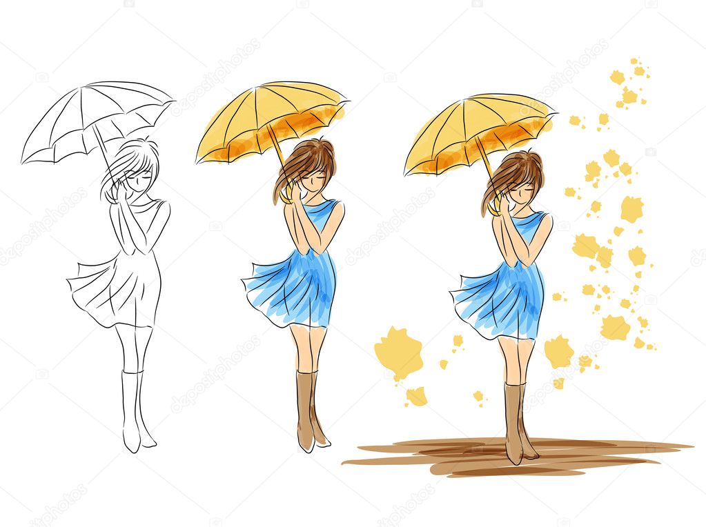 Dibujo De Chica De Dibujos Animados Con Paraguas Para Colorear