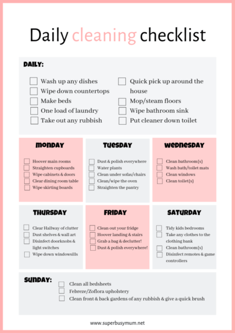 My Daily Cleaning Schedule Free Printable Super Busy Mum