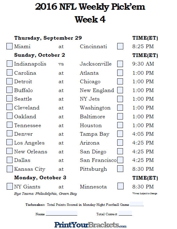 Nfl Week 14 Printable Pick Sheet Printable Word Searches