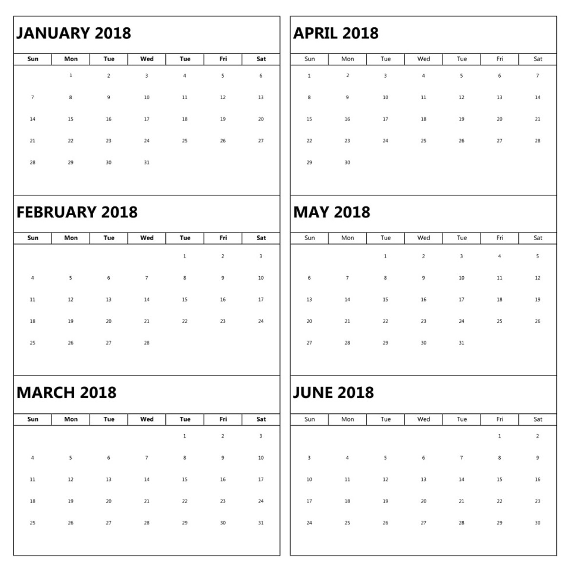 6 Month Printable Calendar