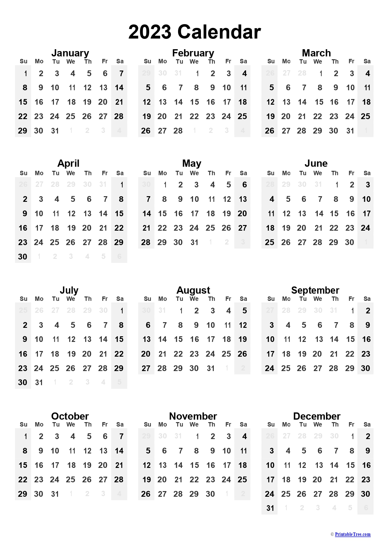 Printable Yearly Calendar 2023 One Page