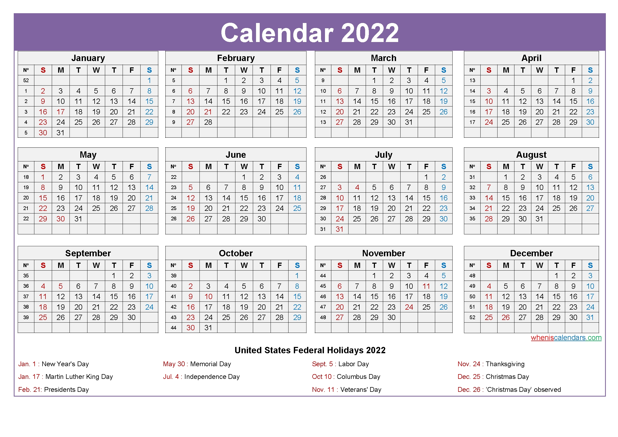 Printable Monthly Calendar With Holidays 2022 Printable Calendars At