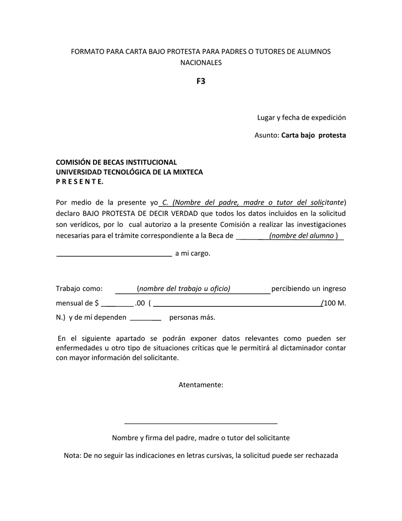 Carta Bajo Protesta De Decir Verdad Para Una Beca Compartir Cartas