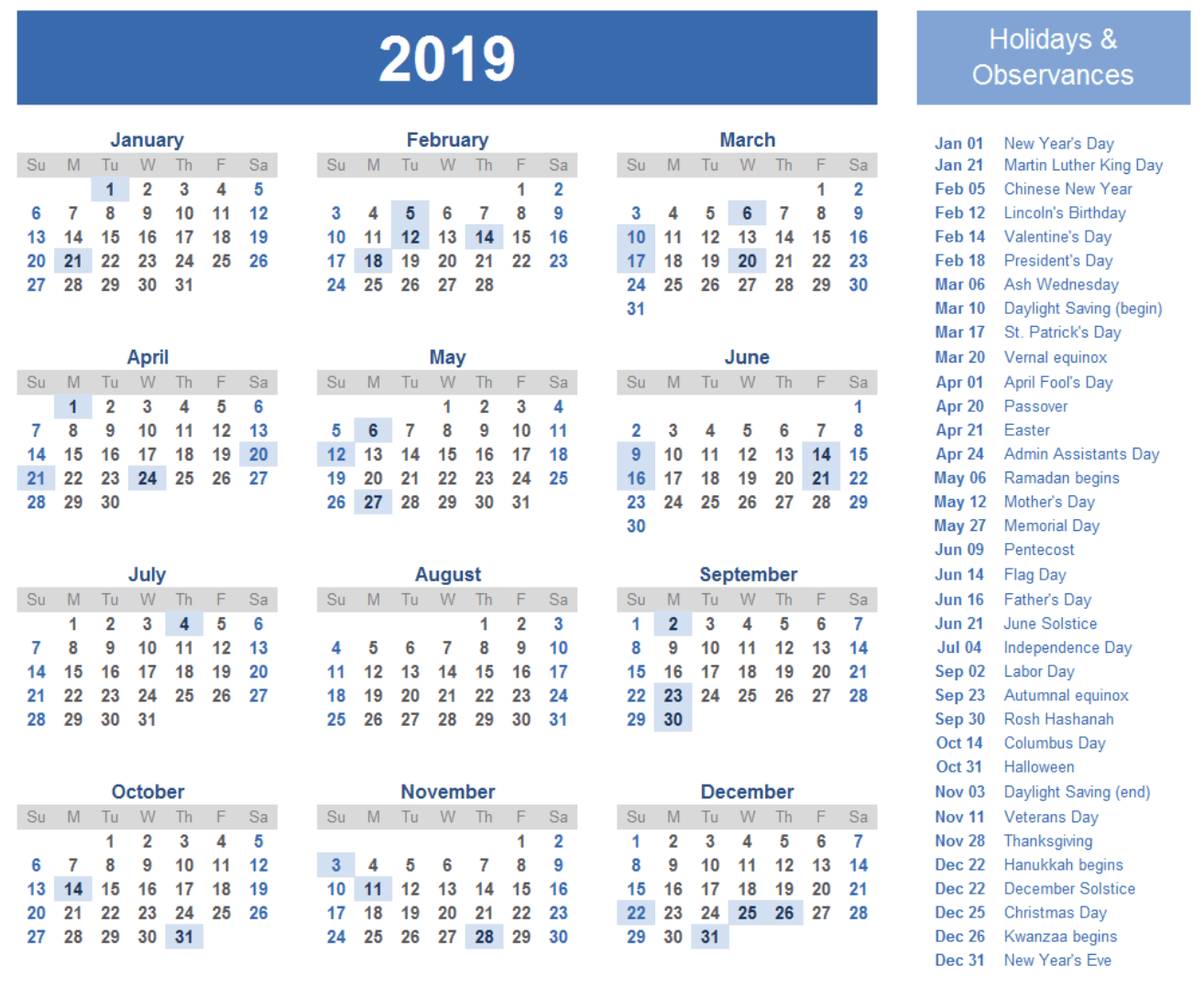 Printable Calendar For 2019 Printable Word Searches