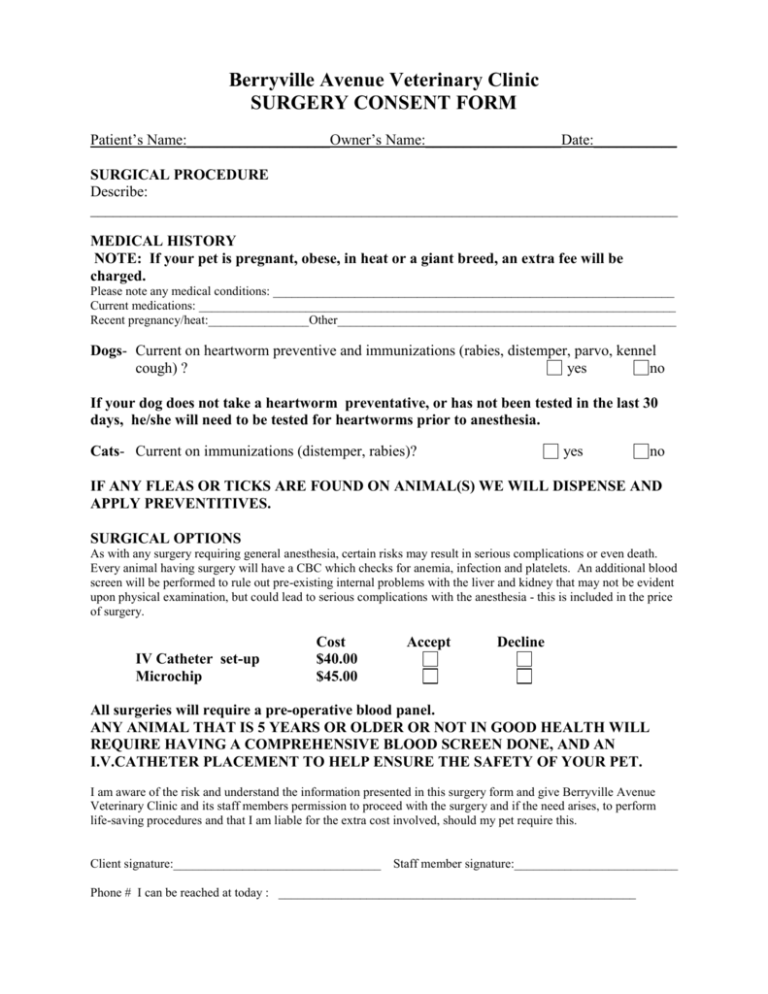 Surgery Surgical Consent Form Template