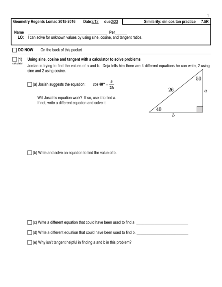 Sine Cosine Tangent Practice Worksheets