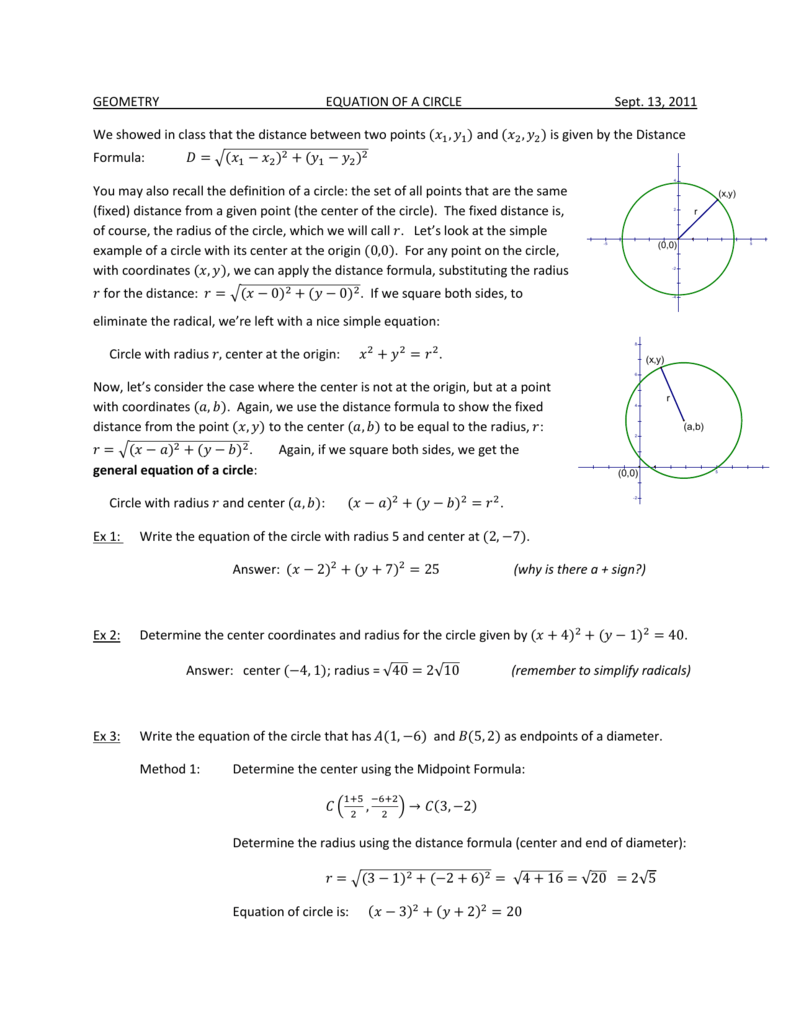 Equation Of A Circle Worksheet Grade 10