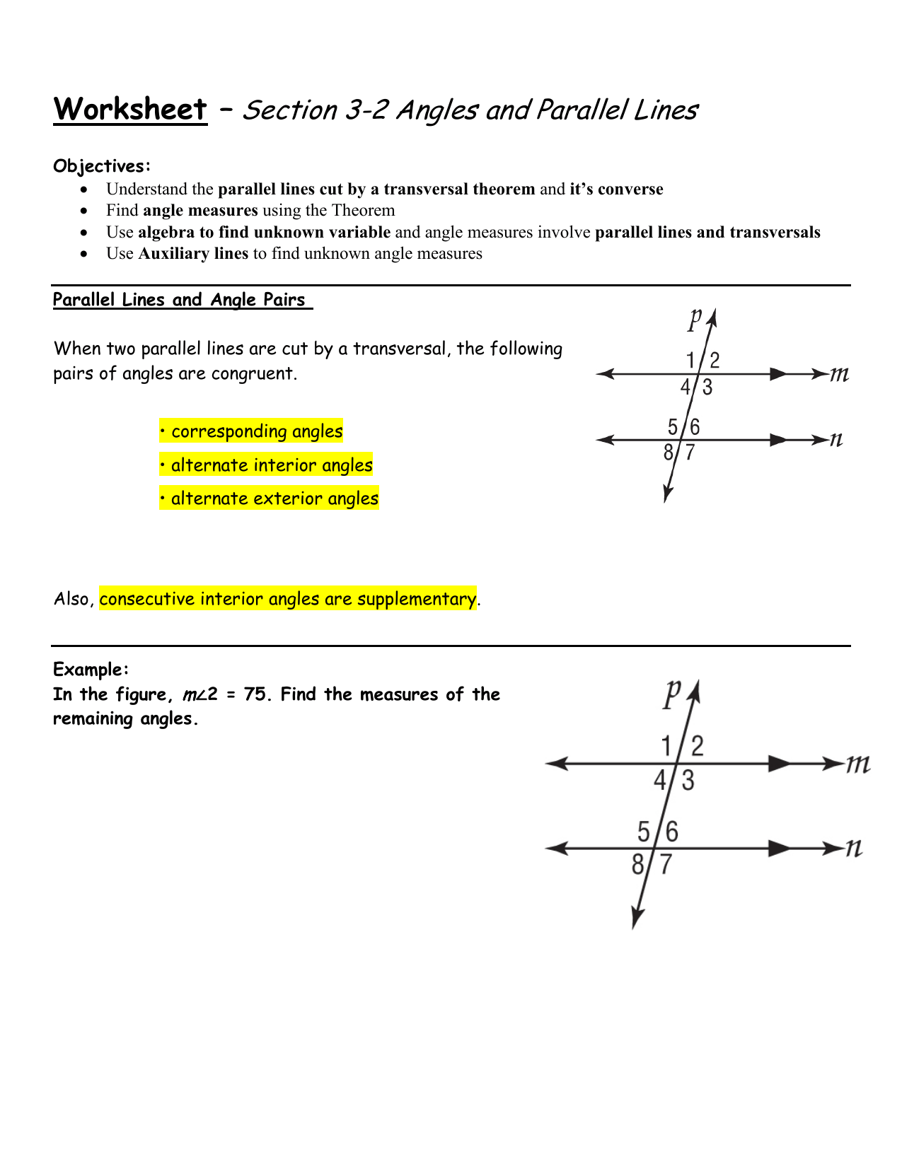 Finding Angle Measures Parallel Lines Cut Transversal Worksheet