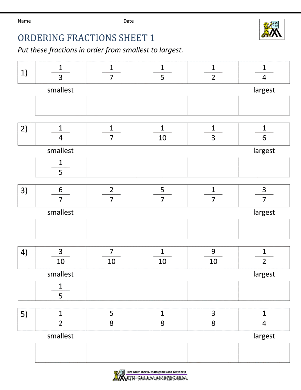 Worksheet Ordering Fractions Printable Word Searches