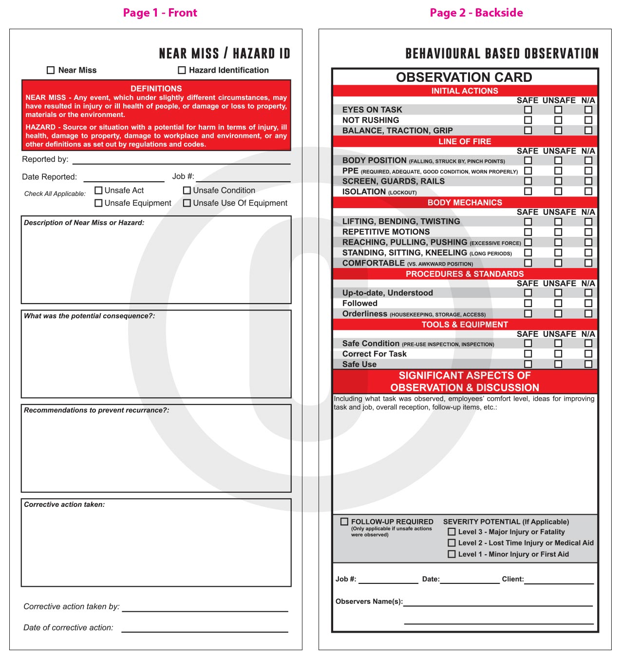 Behavior Based Safety Observation Card Template