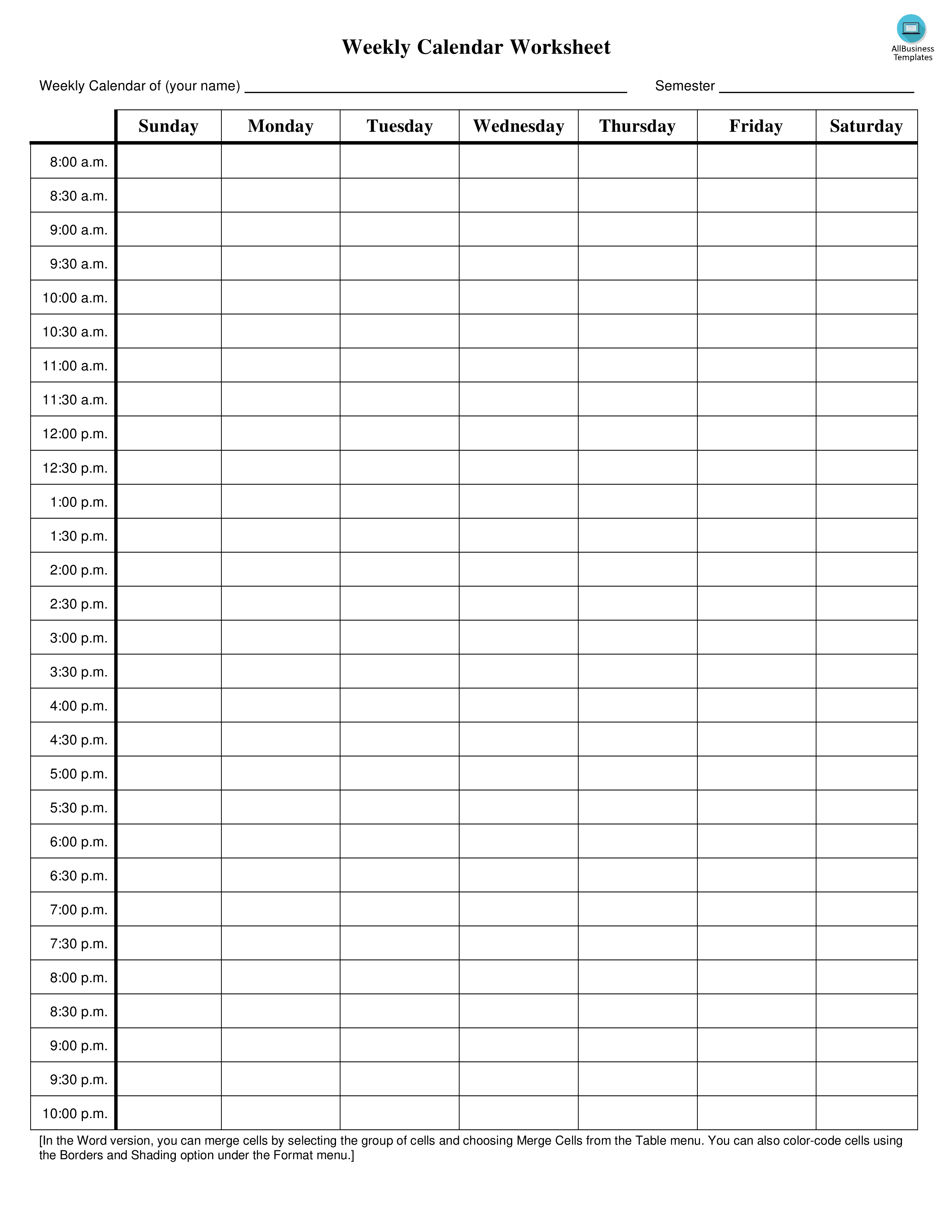Printable Weekly Blank Calendar
