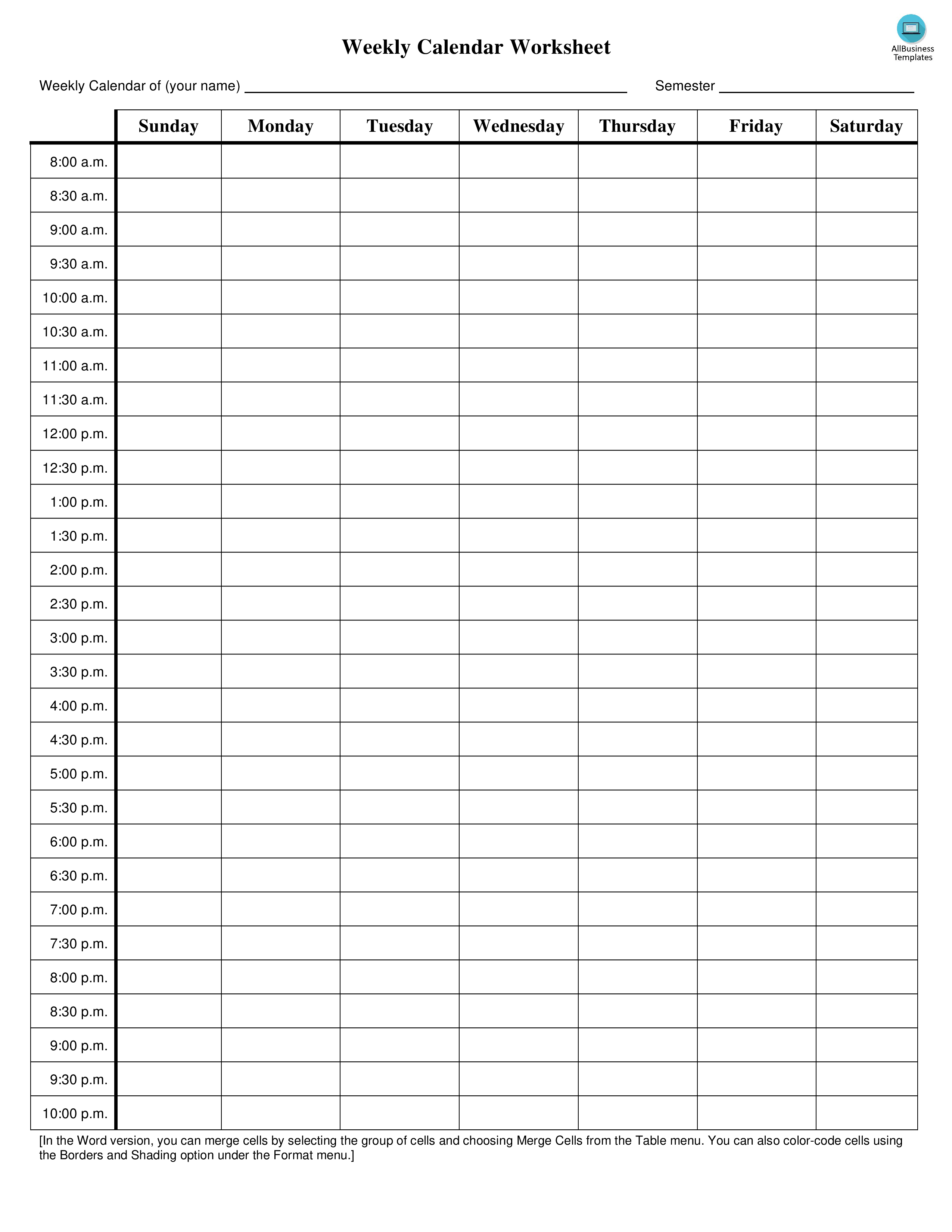 Blank Weekly Printable Calendar