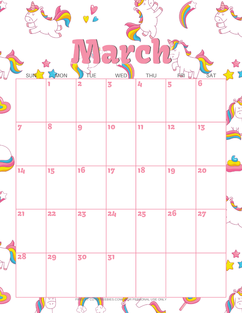 March 2021 Calendar Printable Unicorns Cute Freebies For You