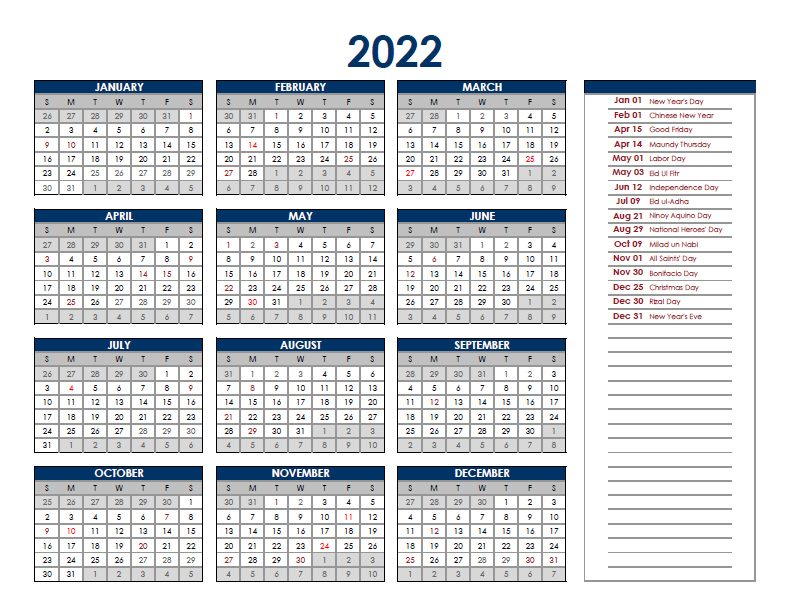 2022 Calendar Excel Philippines With Holidays Latest News Update