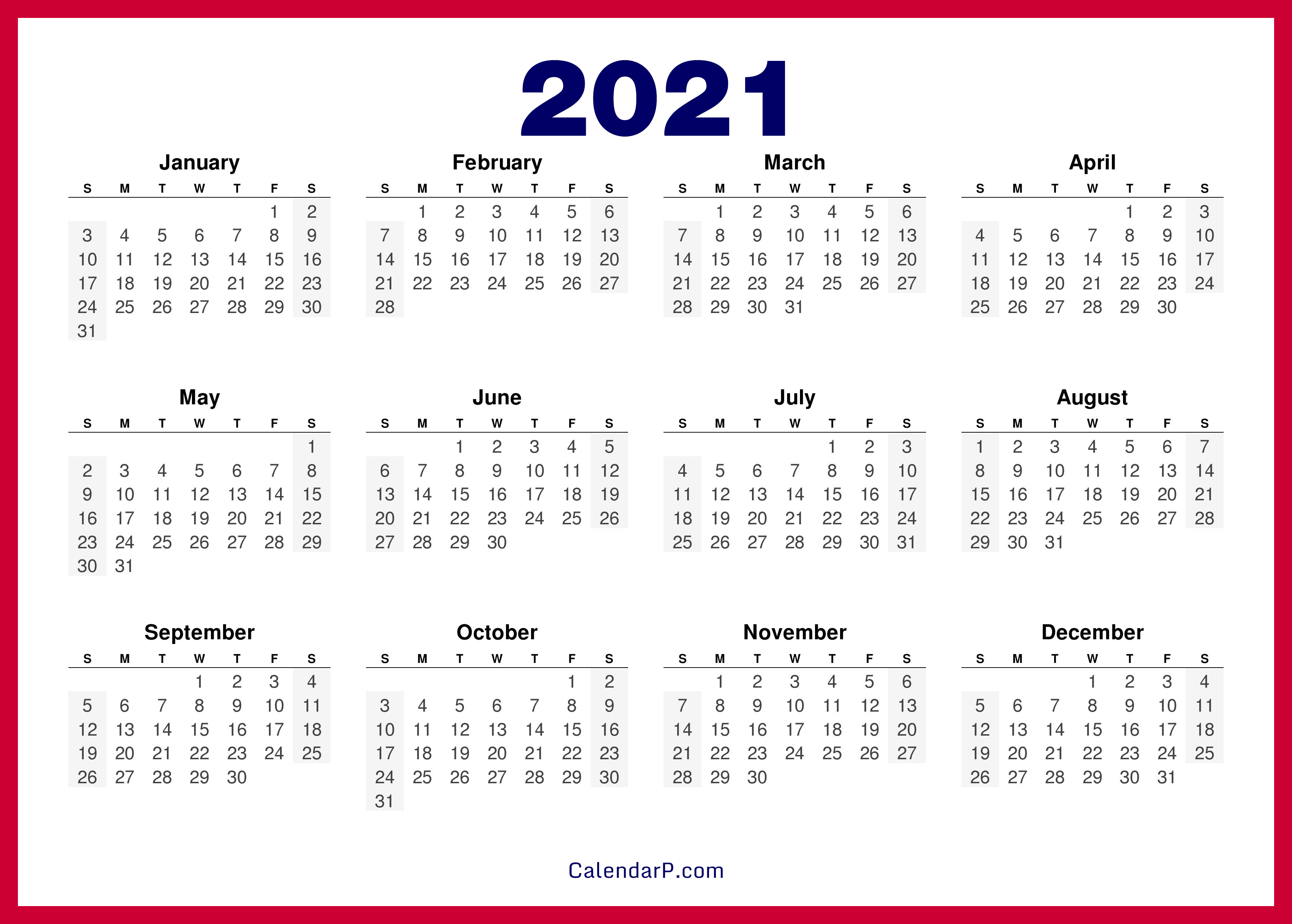 Free Printable Colorful Calendar 2021