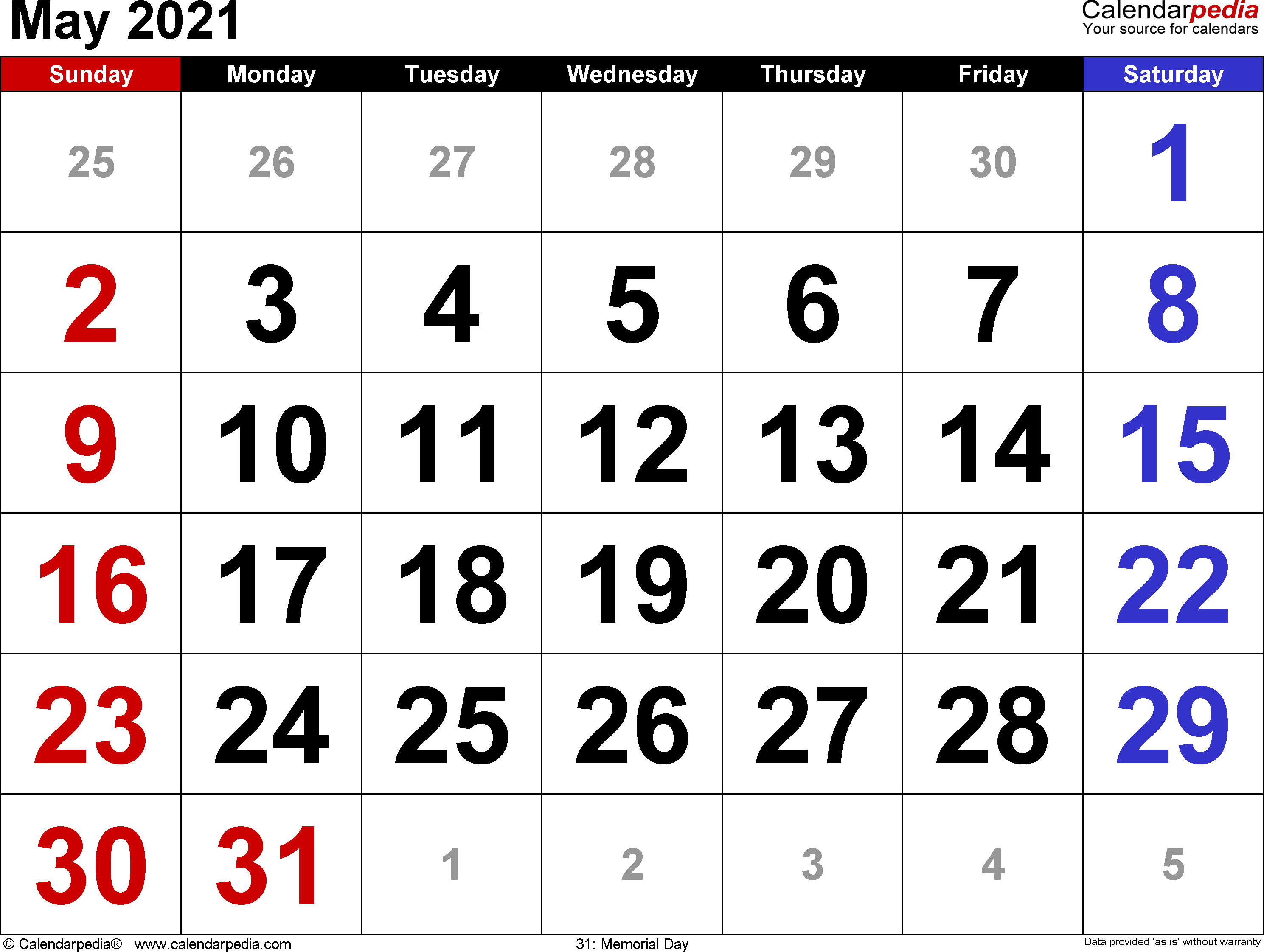 May Month Calendar 2021 Printable