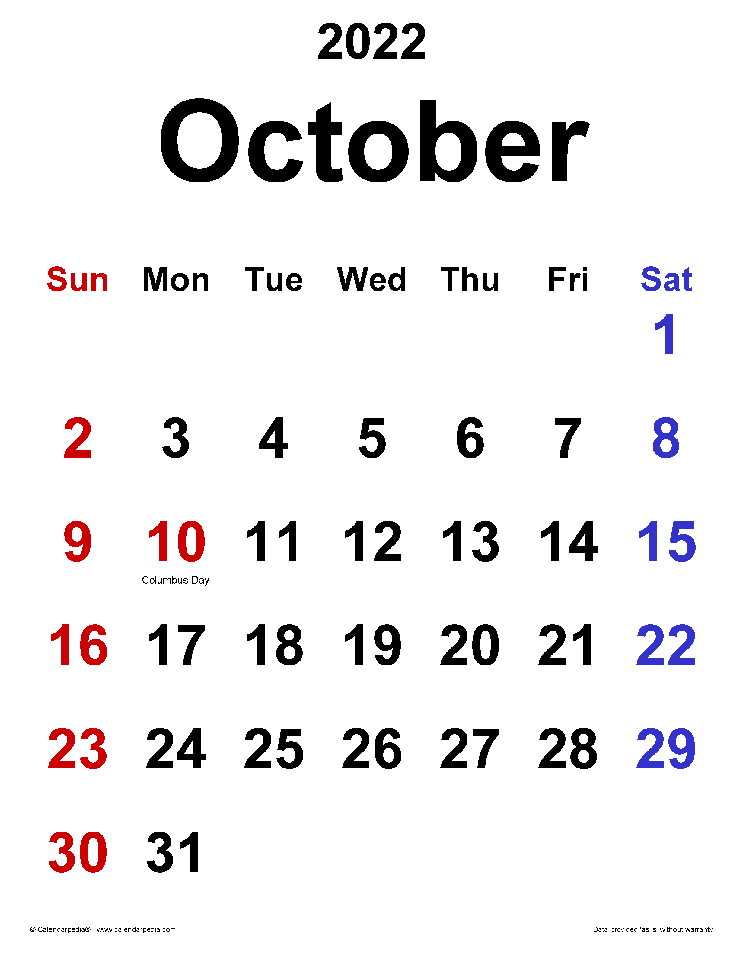 Printable Calendar Oct 2022