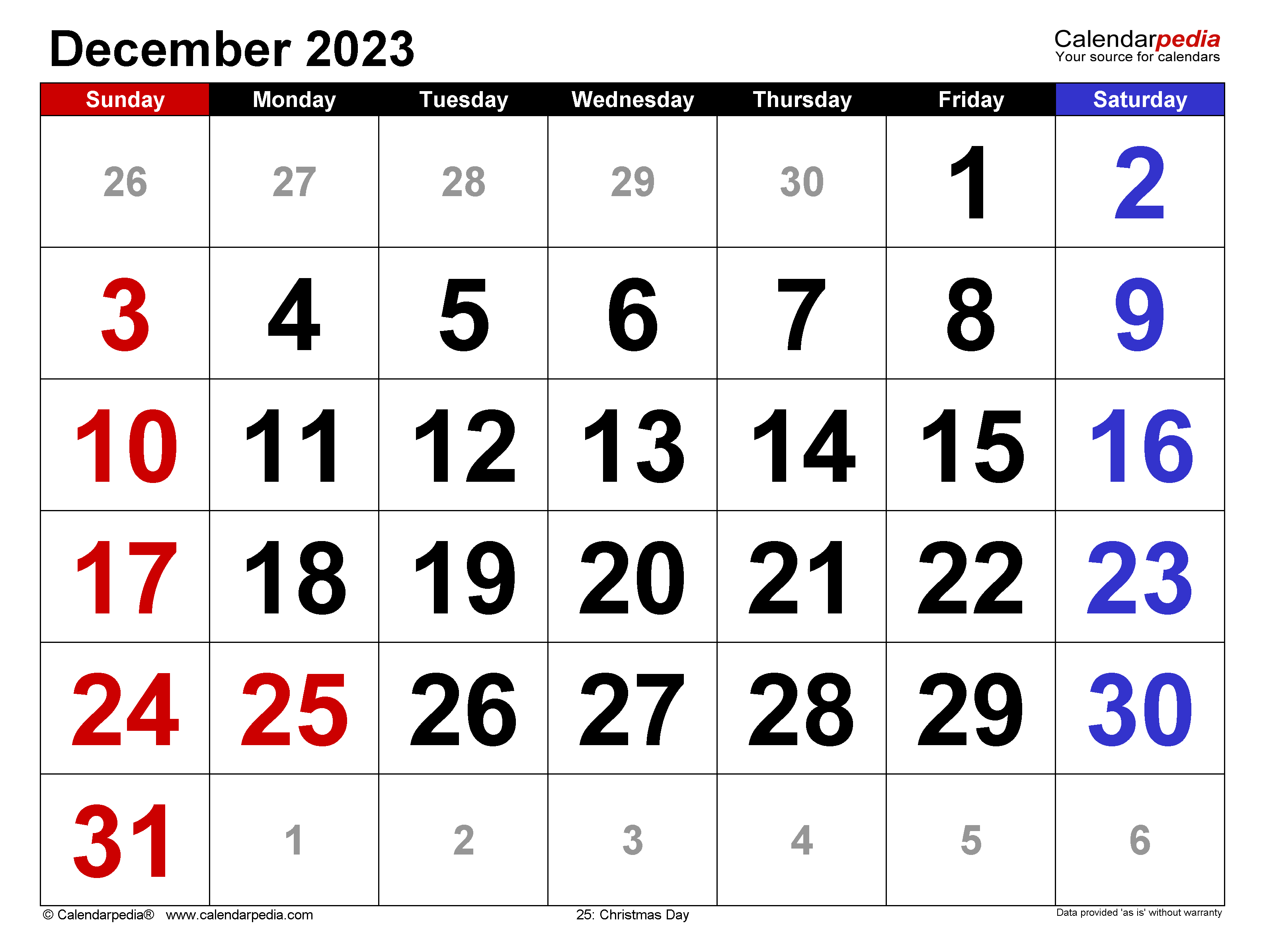Free Printable December 2023 Calendar With Holidays Printable Word