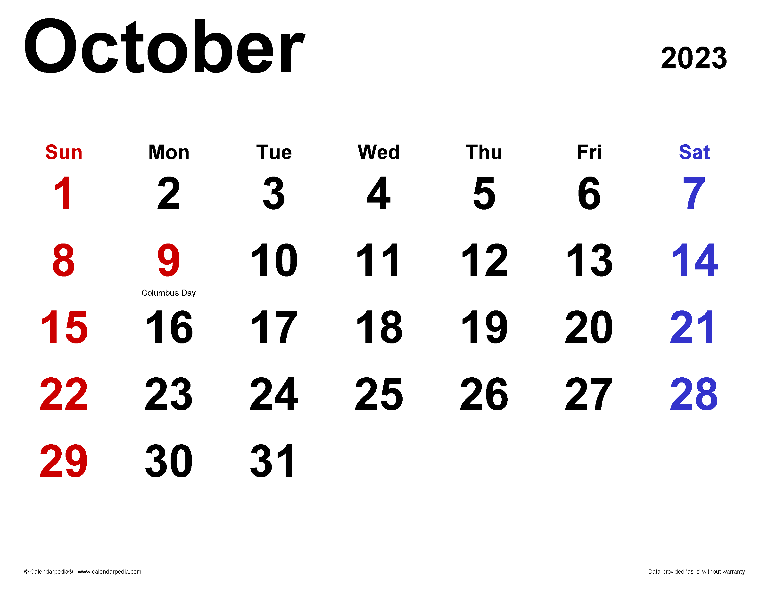 Editable Calendar October 2023