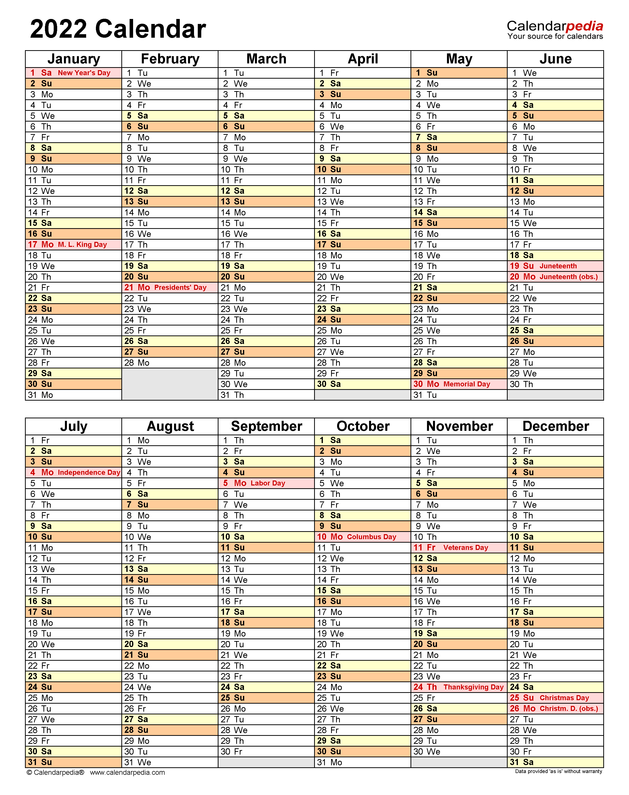 2022 Yearly Calendar Printable One Page