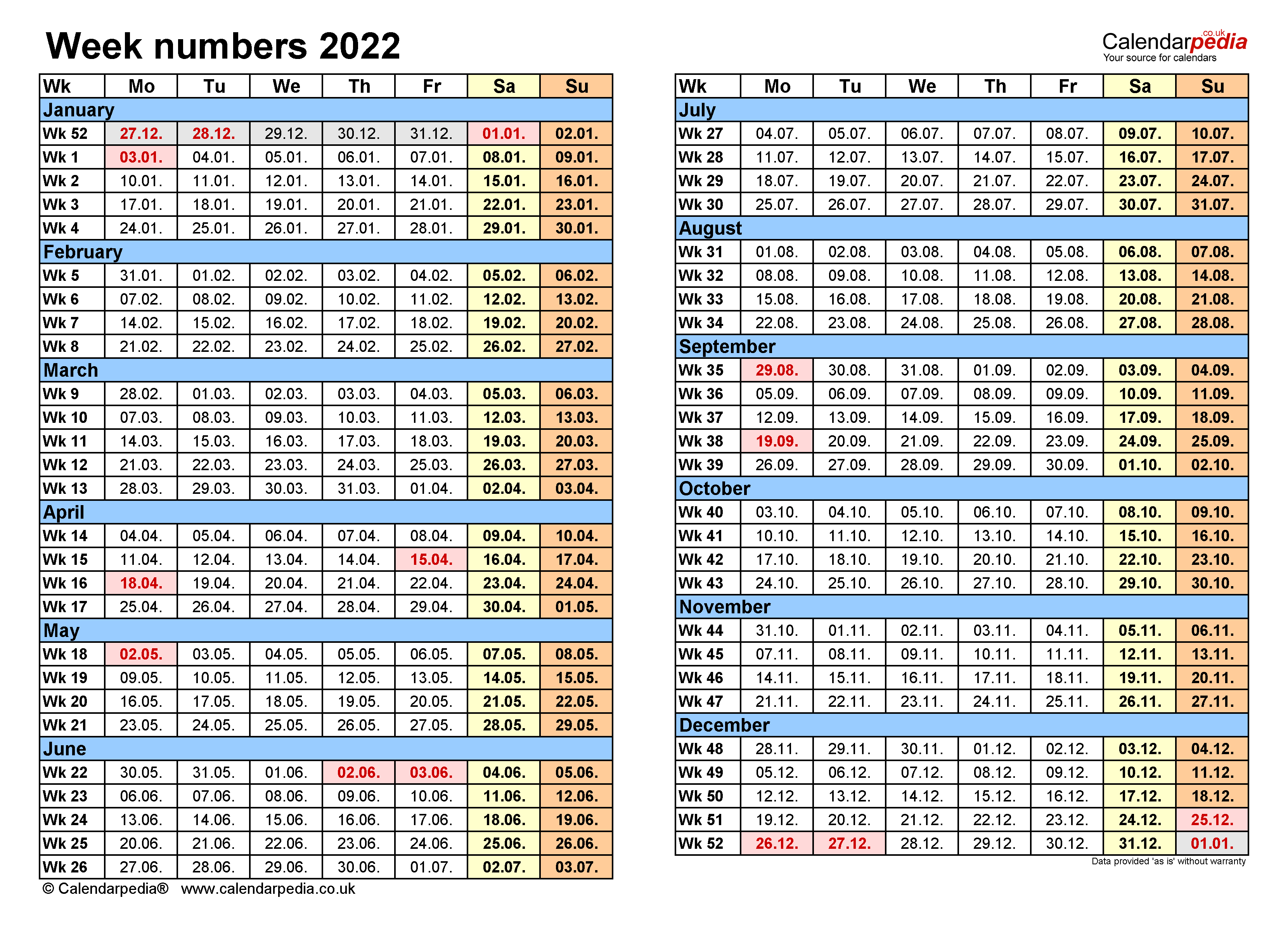 2022 Calendar With Week Number Example Calendar Printable