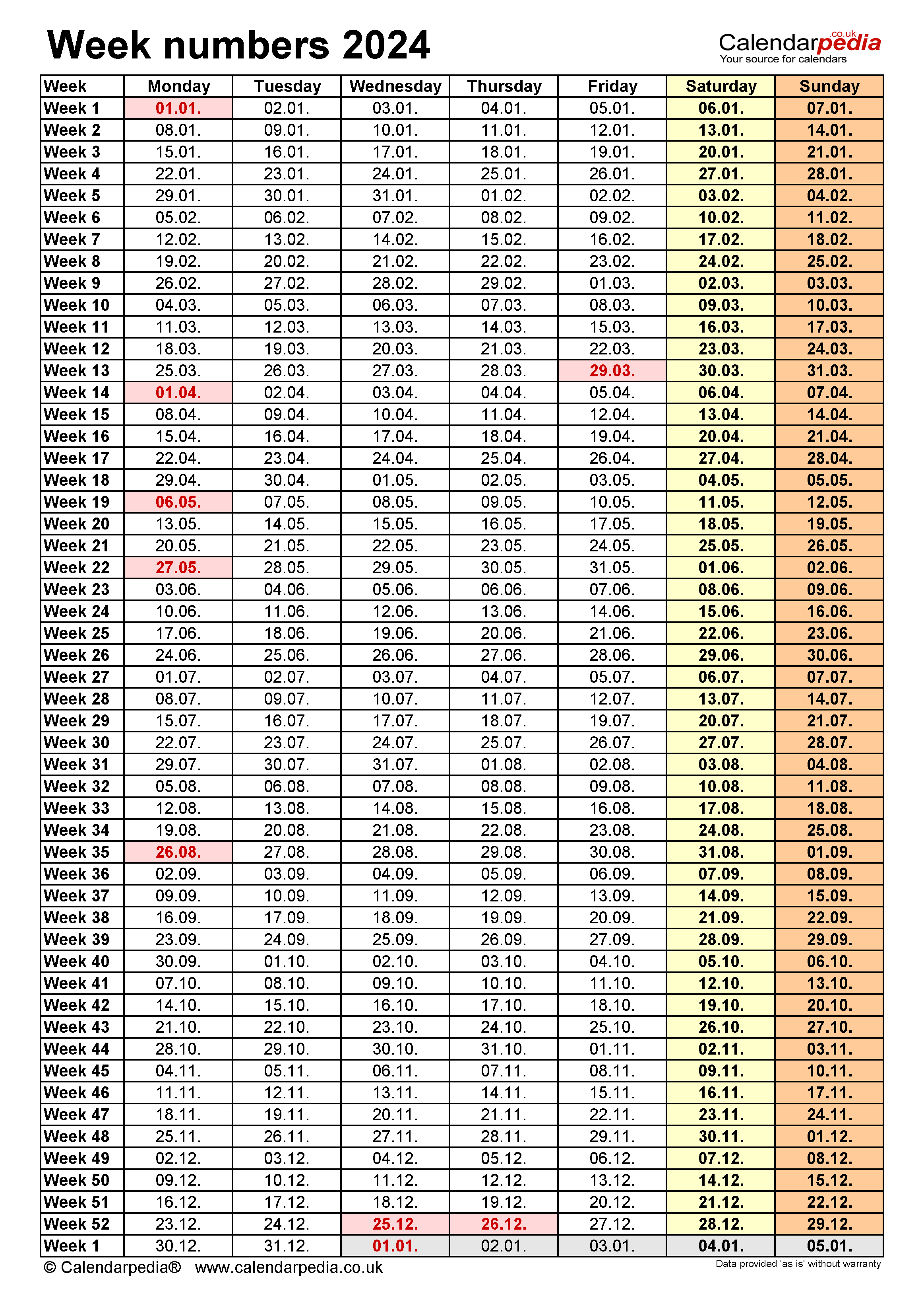 Printable 2024 Calendar With Week Numbers