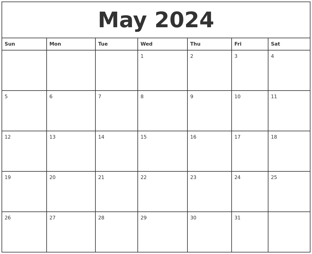 2024 Calendar May Monthly Calendar For The Month May In Year 2024